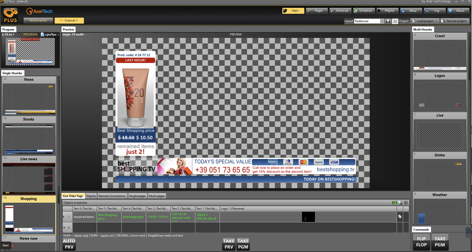 Axel CGPLUS advanced live graphics generator, SOFTWARE 2 channels ...